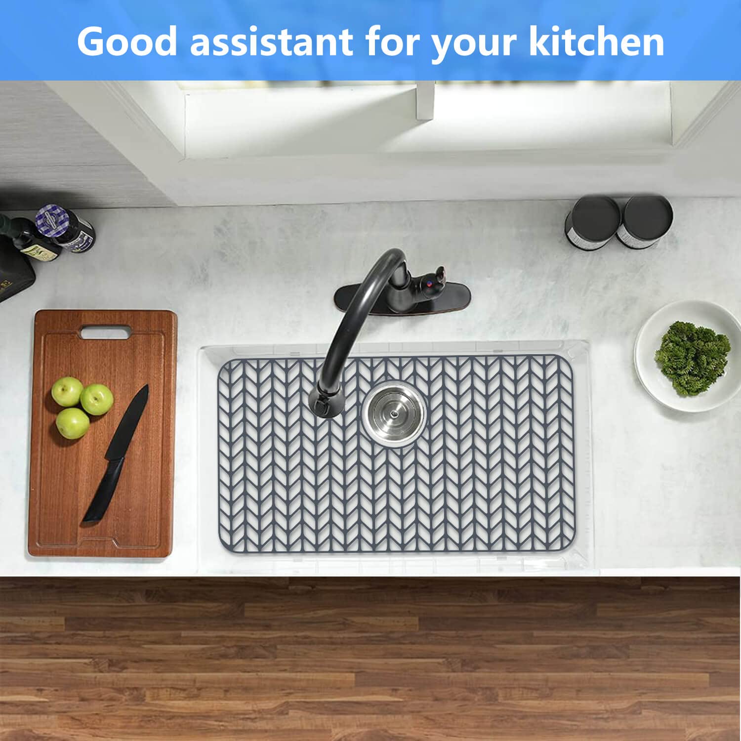 Silicone Sink Mat 26βx14β, JIUBAR sink protectors for kitchen sink,silicone sink mat,Sink Mat Grid for Bottom of Farmhouse Stainless Steel Porcelain Sink with Rear Drain.(Grey)