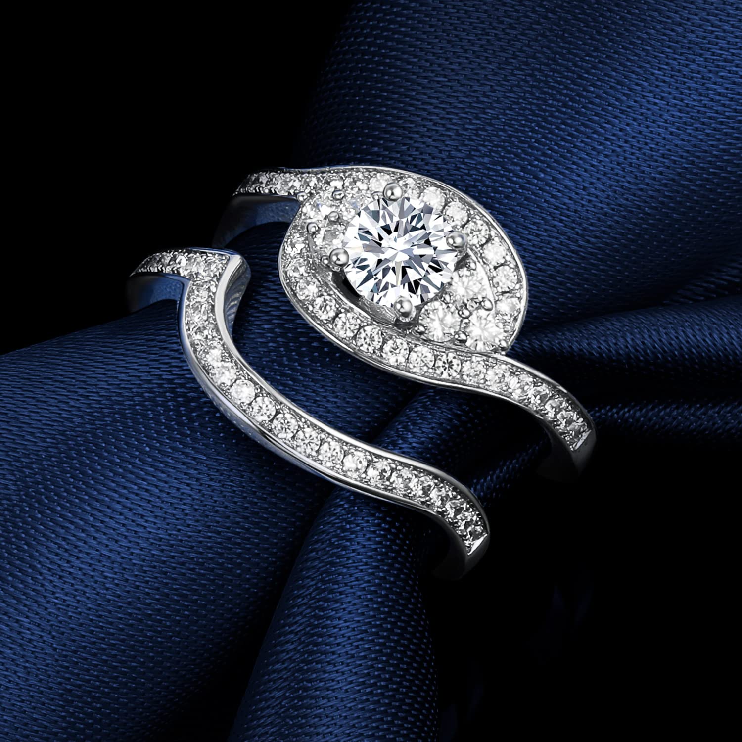 MDFUN 18K White Gold Plated Cubic Zirconia Two In One Wedding Engagement Promise Eternity Ring for Women Size 5.5