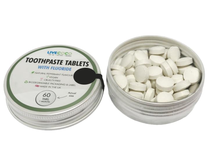 LiveCoco Toothpaste Tablets with Fluoride, Teeth Whitening Tabs for Clean Teeth and Fresh Breath, Vegan and Travel Friendly, Peppermint Flavor, Pack of 60 Tabs