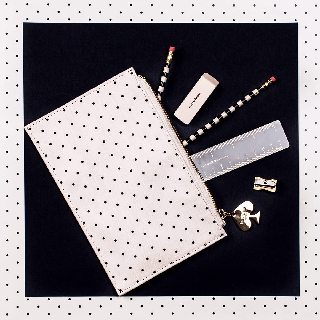 Kate Spade New York Black/White Pencil Pouch with Ruler, Eraser, & Sharpener, Leatherette Travel Zipper Pouch/Clutch, Literary Glasses