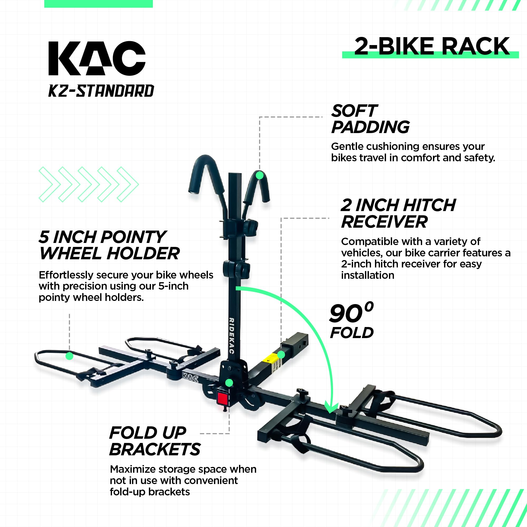 KAC Premium Bike Rack for Car, SUV, Hatchback Mount - 2" Anti-Wobble Hitch & Quick Release Lever for 2 Bikes - Heavy Duty Bicycle Carrier, Easy to Assemble/Install - Tire & Frame Straps Included