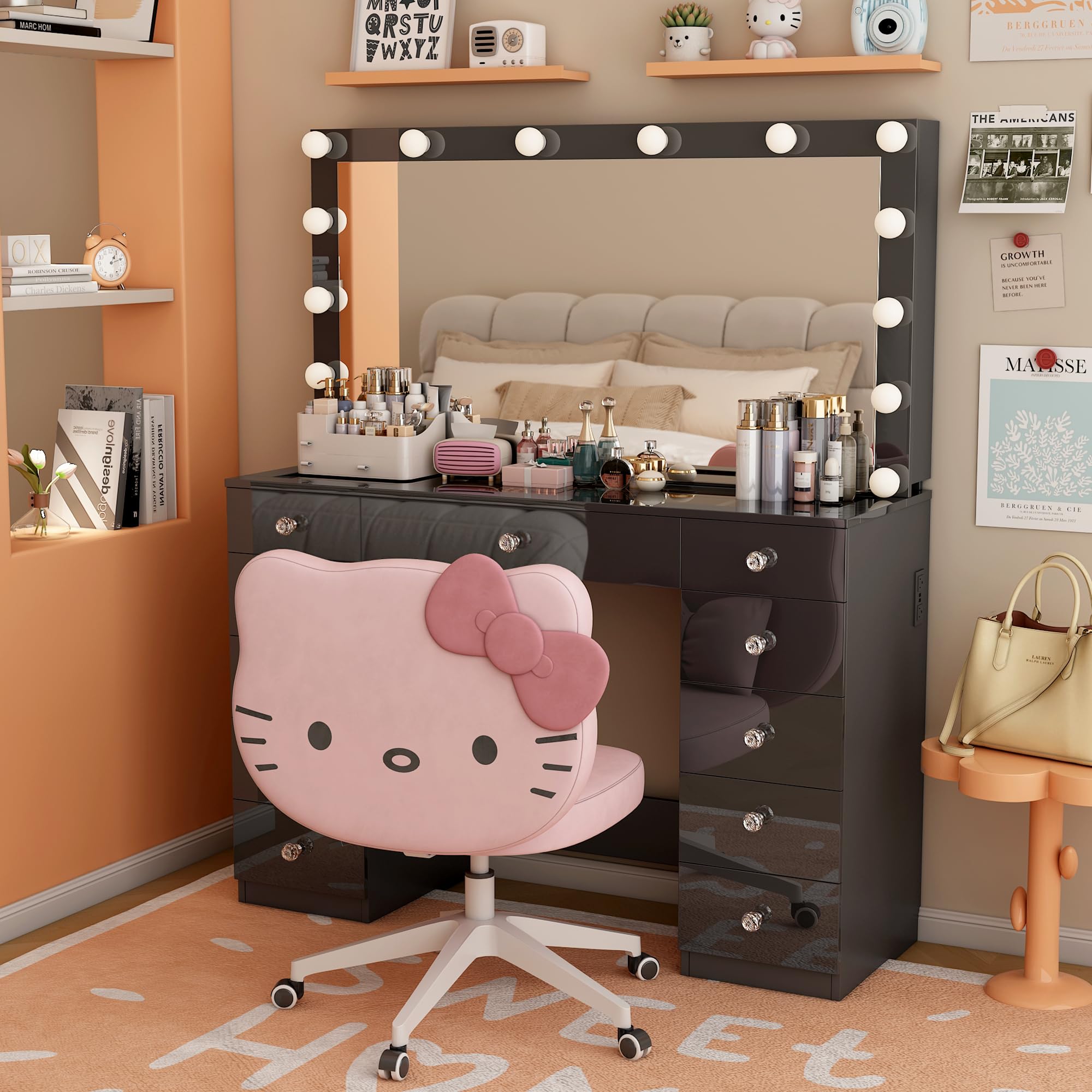 wanan Vanity Desk with Power Outlet, Makeup Vanity with Mirror and 14 LED Light, 3 Lighting Modes,11 Drawer Vanity Table with Sliding Jewelry Storage, Glass Top, Specular Surface, White