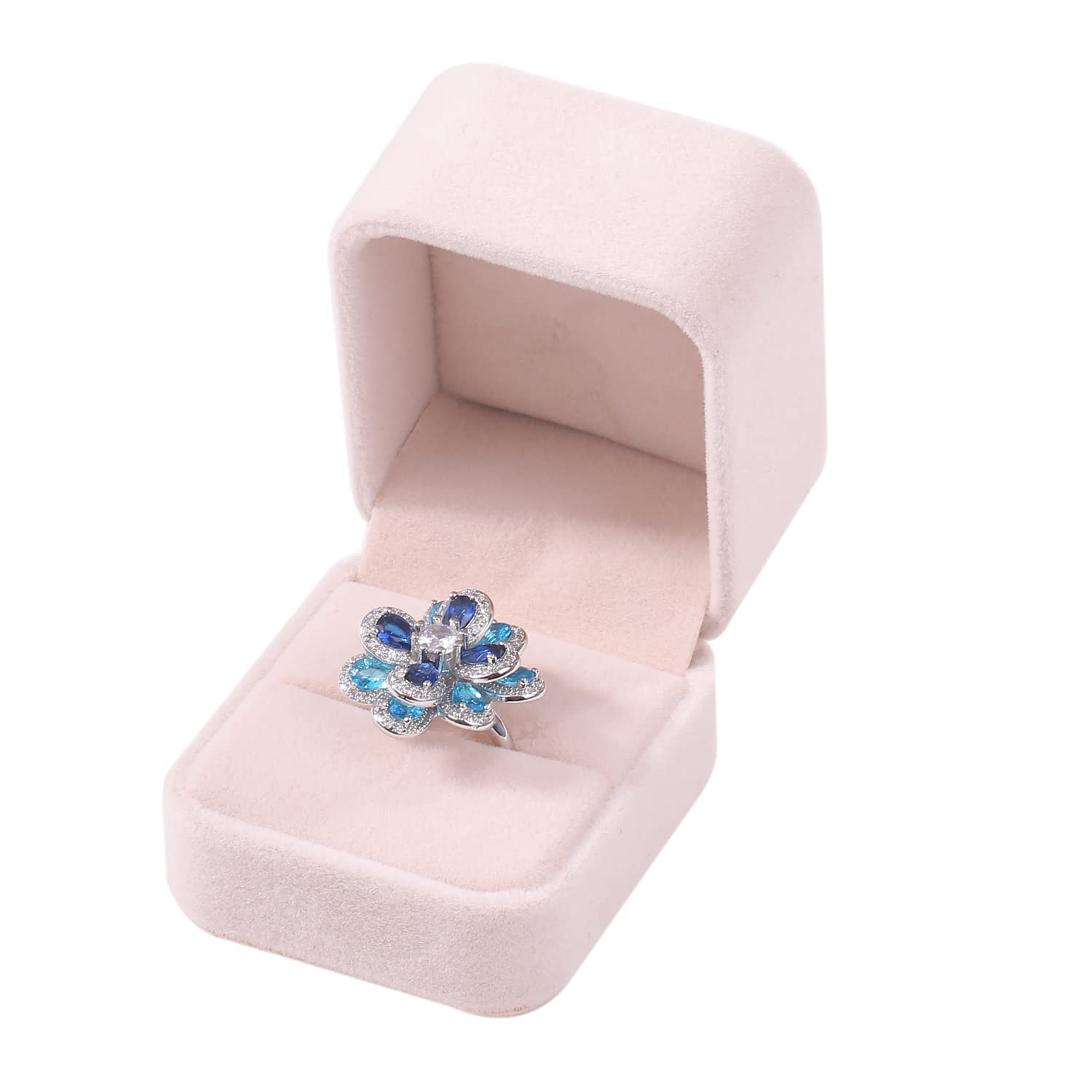 Miss.F&D Eternity Ring Brilliant Diamond Flower Charm Two Color Crystal Camellia Shape Rhinestone Halo Design Statement Platinum Engagement Ring For Women (BLUE)