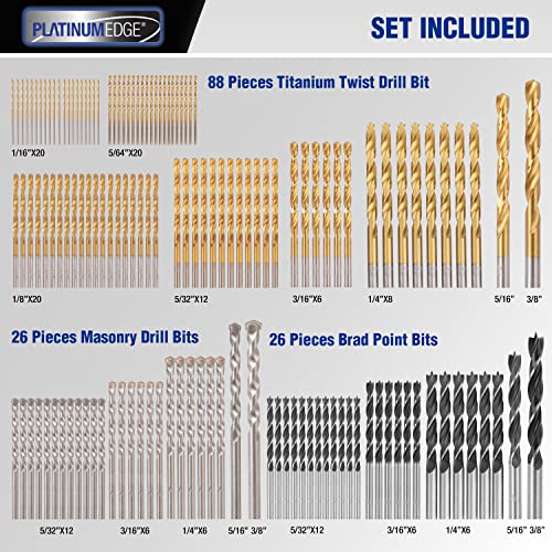 PLATINUMEDGE 140PC Multi-Purpose Drill Bits Set, 88PC Titanium Twist Drill Bits 26 Pieces Masonry Drill Bits 26 Pc Brad Point Drill Bits, with Hard Storage Case, for Wood, Metal, Masonry, etc.