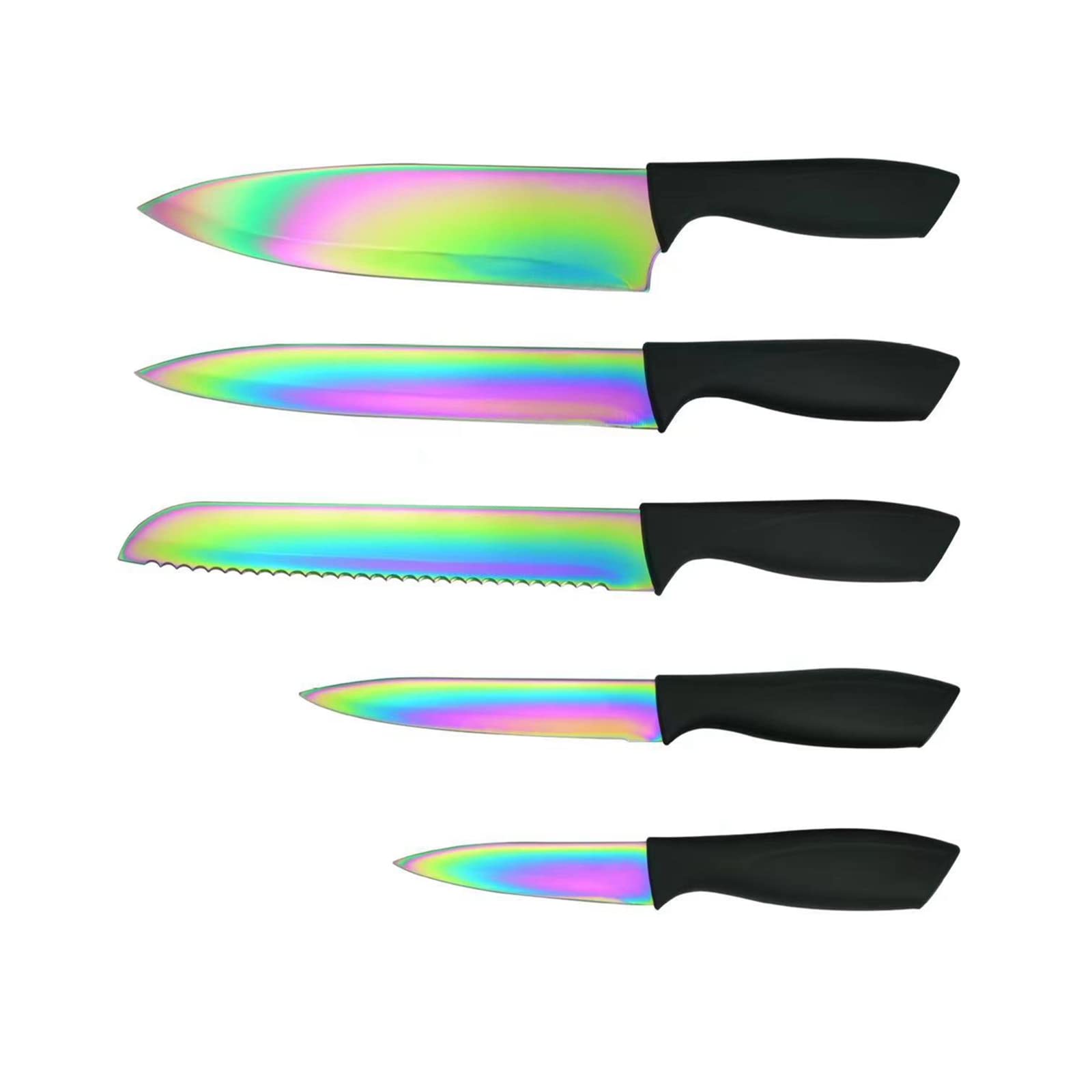 Stainless Steel Knife Set,5Pcs Kitchen Knife Set With Rainbow Titanium Coating Blade,Extremely sharp Non Stick Non Rust Knife Set with Comfortable Handle (Black)