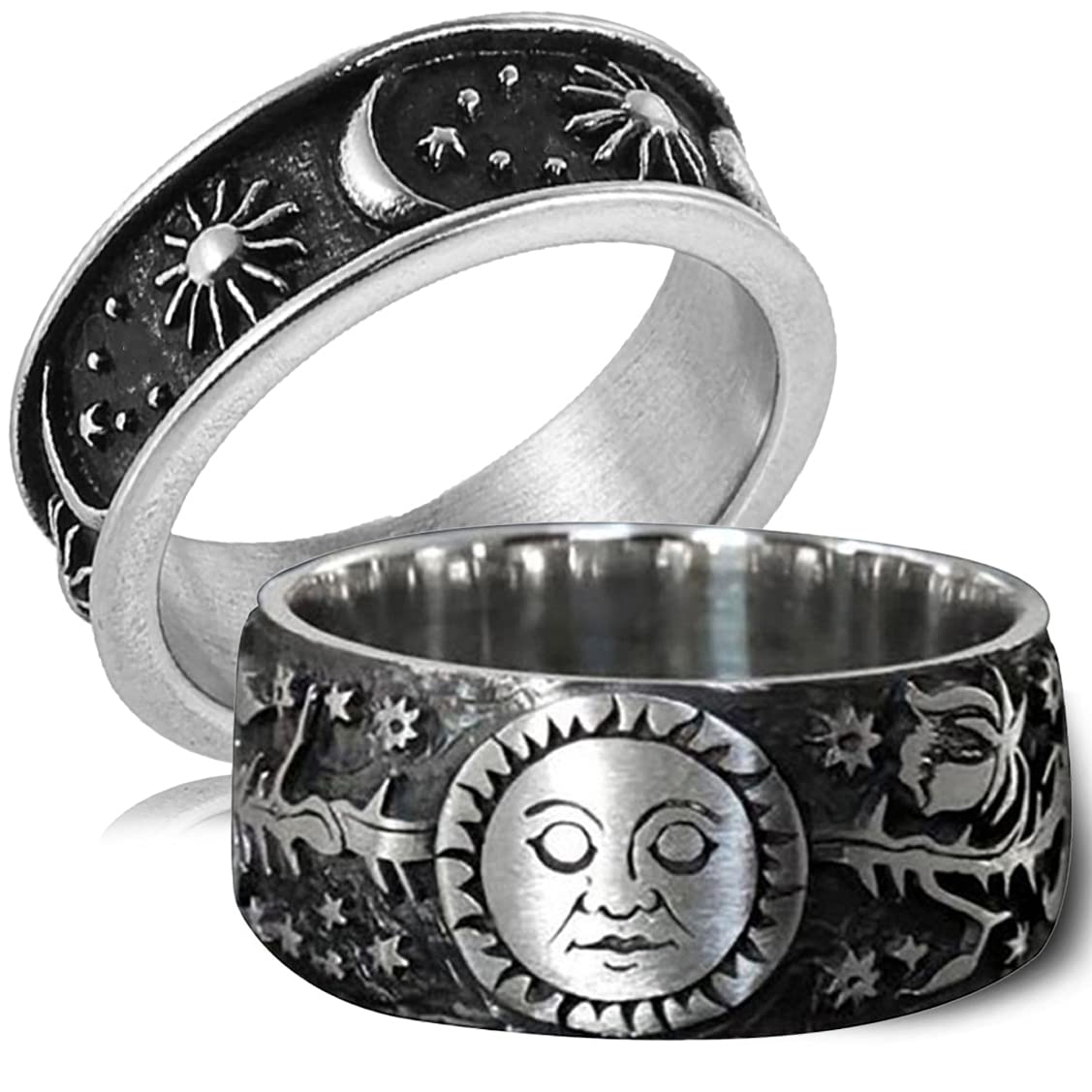 MYLY 2PCS Stainless Steel Sun Moon Rings for Women Men,Sun Ring,Moon Ring for Women Men (A, 7)