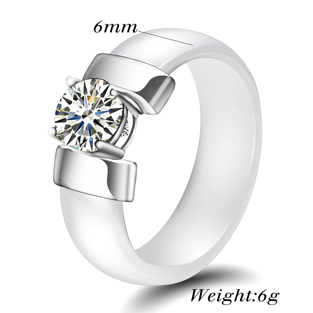 MYNENEY 6mm White/Black Ceramic Rings Plus Cubic Zirconia For Women Comfort Fit Engagement Wedding Band Size 5-12