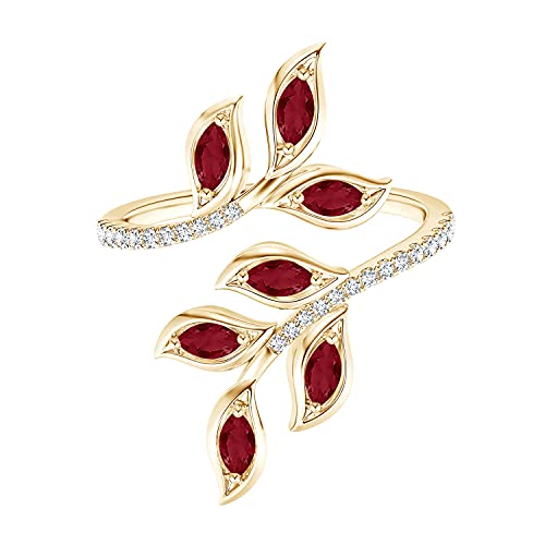 Nature Inspired 0.30 Cts Marquise Cut Ruby Gemstone 925 Sterling Silver Adjustable Leaf Ring (Yellow Gold Plated Silver, 7)