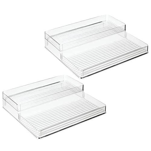 mDesign Plastic Kitchen Food Storage Organizer Shelves, Spice Rack Holder for Cabinet, Cupboard, Countertop, Pantry - Holds Jars, Baking Supplies, Canned Food - 2 Levels - 2 Pack - Clear