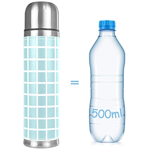 Turquoise Grid Plaid Pattern Stainless Steel Water Bottle Leak-Proof, Double Walled Vacuum Insulated Flask Thermos Cup Travel Mug 17 OZ