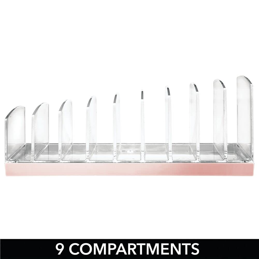 mDesign Plastic Divided Cosmetic Palette Organizer with 9 Sections - Makeup Storage for Bathroom Vanity, Cabinet, Drawer - Holds Eyeshadow, Blush, Powder - Lumiere Collection - Clear/Light Pink
