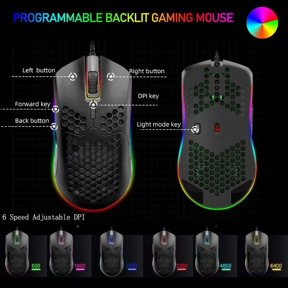 Mechanical Gaming Keyboard and Mouse Combo with Full 88 Key Anti-ghosting Rainbow Backlight Ergonomic Floating Plate 6400DPI Honeycomb Mice USB Wired for PC MAC Gamer Office Typist(Black/Red Switch)