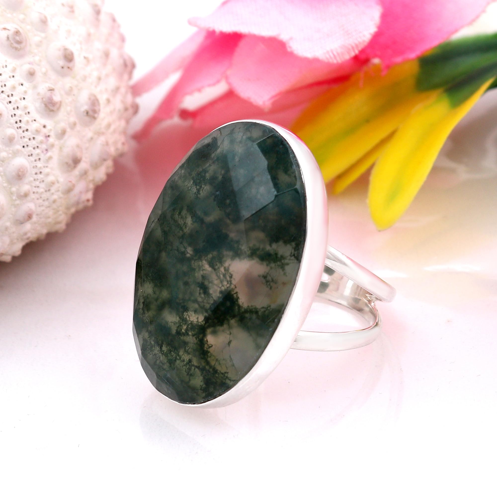 Natural Green Moss Agate Gemstone Ring | Solid 925 Sterling Silver Oval Shape Gemstones Rings Jewelry Gift for Man and Women (Available in size 5, 6, 7, 8, 9, 10) (Green Moss Agate, 6)