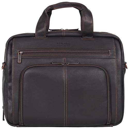 Kenneth Cole Reaction Full-Grain Colombian Leather Briefcase Expandable RFID 15.6" Laptop Computer Business Portfolio Shoulder Bag, Brown