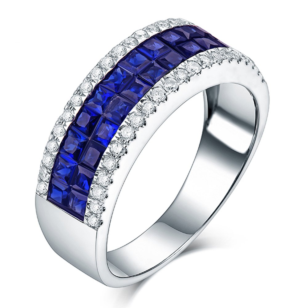 Lanmi 14K Rose White Gold Natural Blue Yellow Sapphire Eternity Ring Engagement Wedding Band for Women Promotion