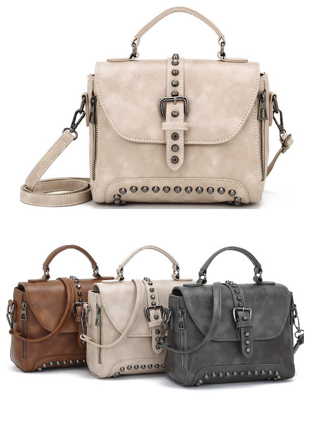 Mn&Sue Women Gothic Rivet Studded Crossbody Bag Vintage Pu Leather Top Handle Satchel Shoulder Messenger Purse for Lady (#1 Beige White)