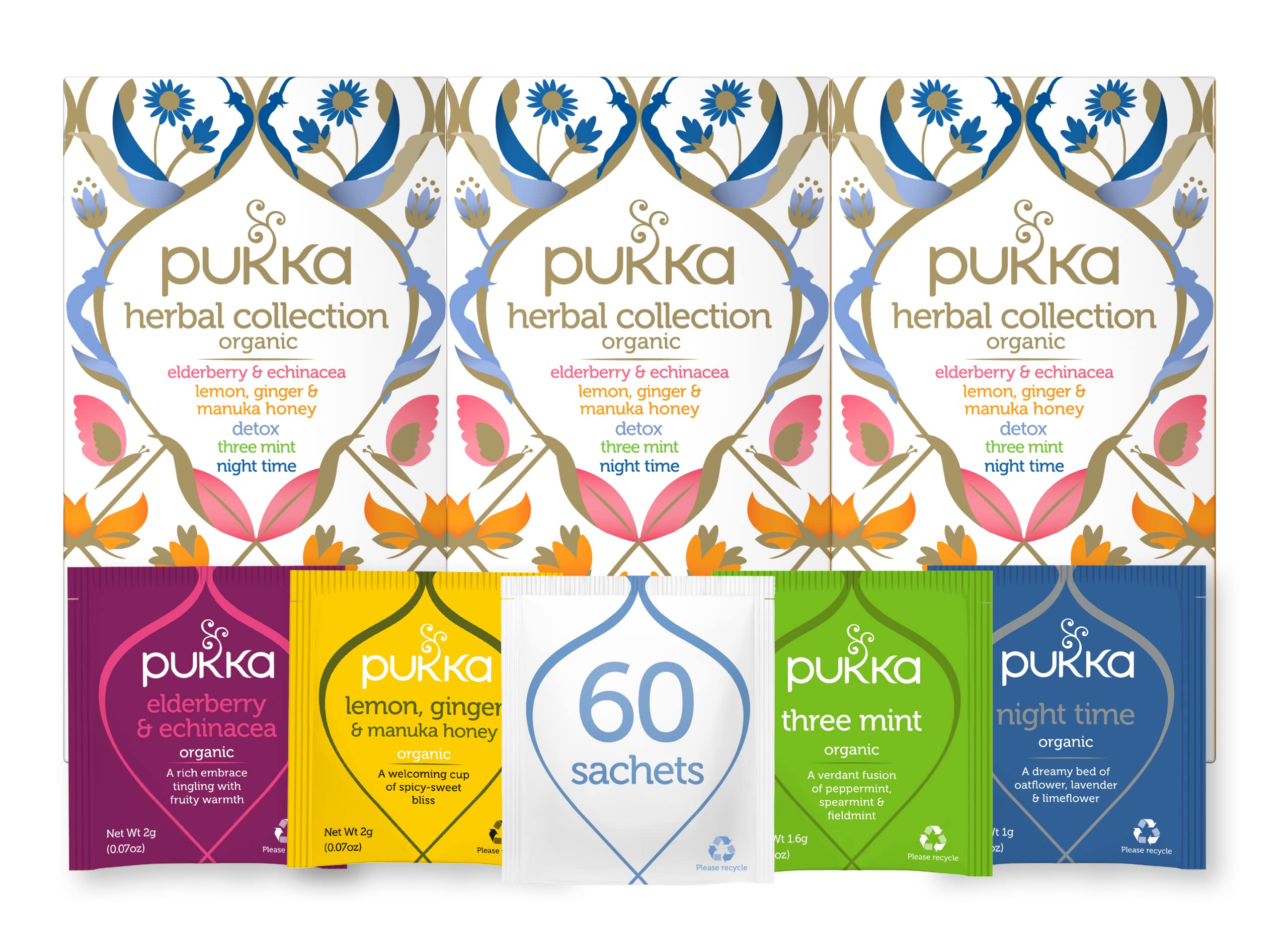 Pukka Tea Variety Pack, Organic Herbal Tea Bags, Five Flavors; Elderberry & Echinacea, Lemon, Ginger & Manuka Honey, Night Time, Three Mint and Detox, (Pack of 3), 60 Tea Bags