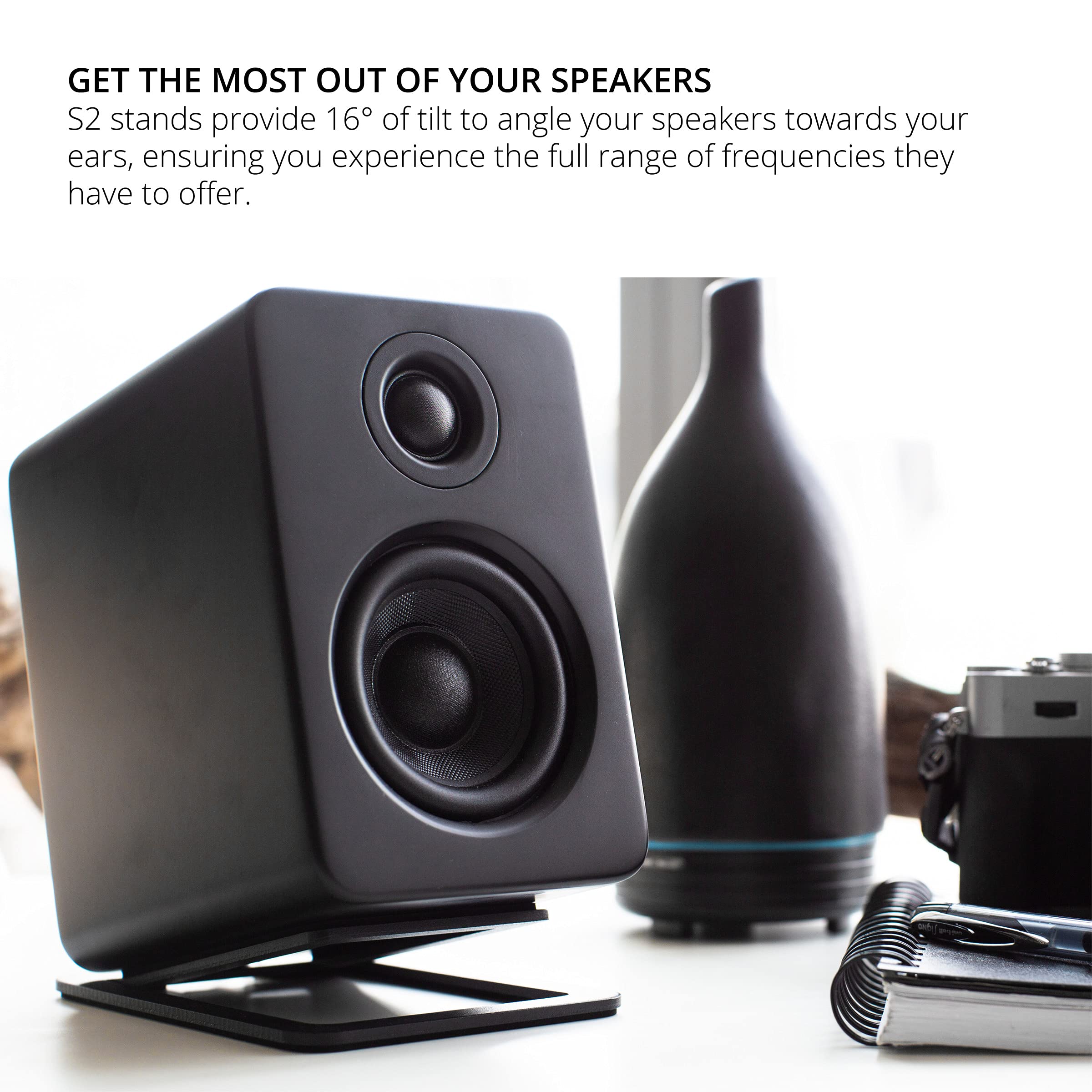 Kanto S2 Tilted Desktop Speaker Stands for Small Speakers & Compact 2β-3β Studio Monitors | Supports 6 lbs | Damping Foam Padding | Pair | Black