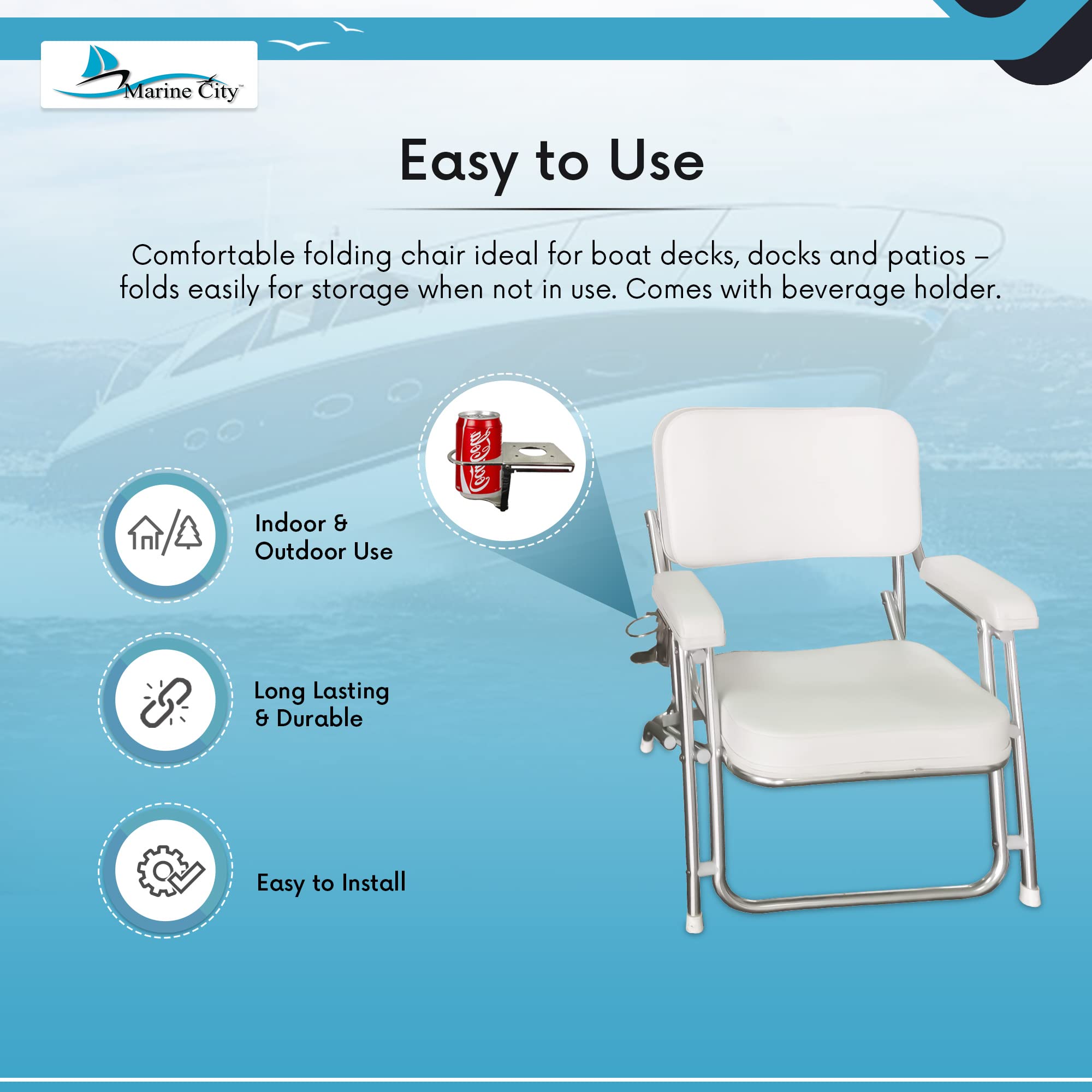 MARINE CITY Aluminum Portable Folding Cushioned Comfortable Boat Deck Beach Chair with Foam Padding for Marines β Boats β Yachts β Ships (Pack of 1)