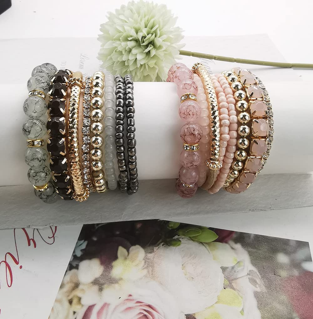 SAMOCO 4-6 Sets Bohemian Stackable Bead Bracelets for Women Multicolor Stretch Beaded Bracelets Layered Bead Adjustable Bracelet Pink Black Turquoise Stretch Bracelets