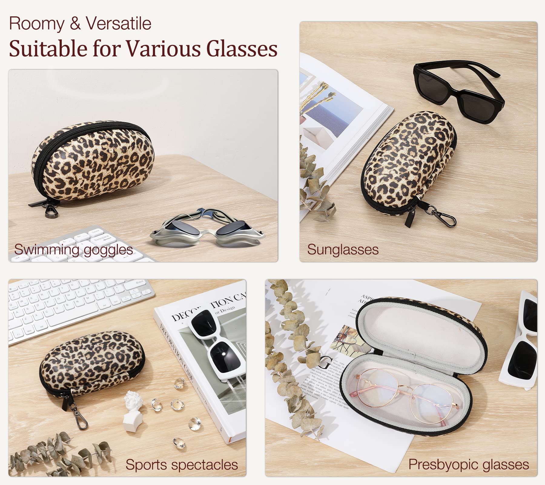 MoKo Unisex PU Protective Eyeglasses Case, Leopard, Zipper, 6.69x3.66x2.28in, 3.27oz