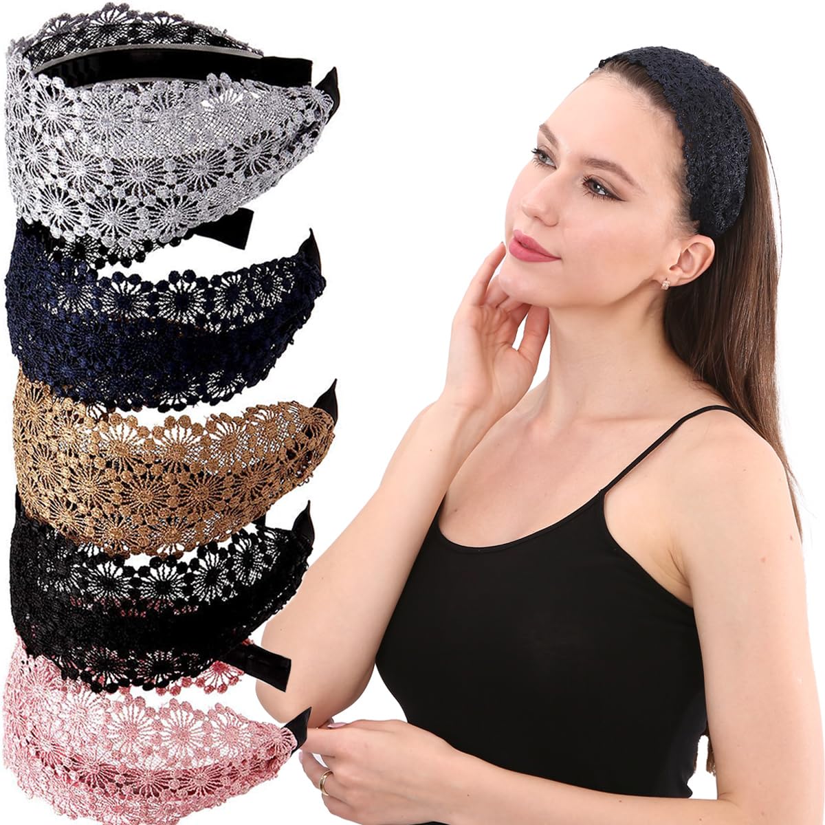 LONEEDY Non-Slip Multicolor Lace Headband Wide-Head Cutout Hard Headbands for Women and Girls (Sun flower)
