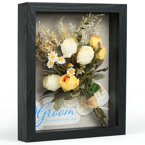 LotFancy Shadow Box Frame, 11x14 Black Display Case, Wooden Picture Frame for Desk, Soft Linen Backboard and Shatter Resistant Glass for Bouquet Photos