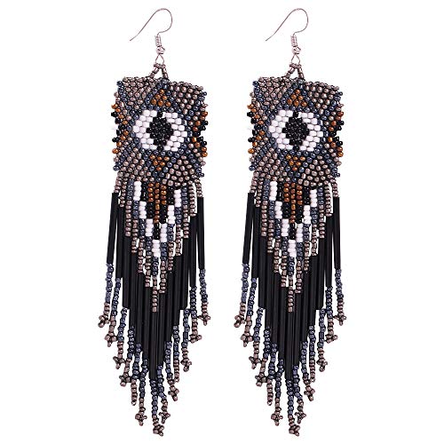Long Beaded Earrings Dangle - Boho Sleek Fringe Earrings Statement Handmade with Hook, Gift Ideas for Women Jewelry