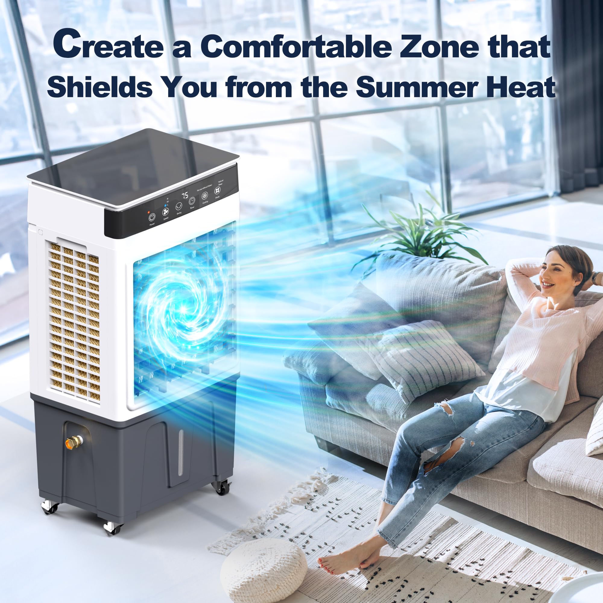 Swamp Cooler, 3800 CFM 3-in-1 Evaporative Air Cooler with 7.6 Gal Water Tank, 120° Oscillation, 3 Speeds 3 Modes, 12 H Timer, Remote, 4 Ice Packs, Portable Air Conditioner for Indoor&Outdoor