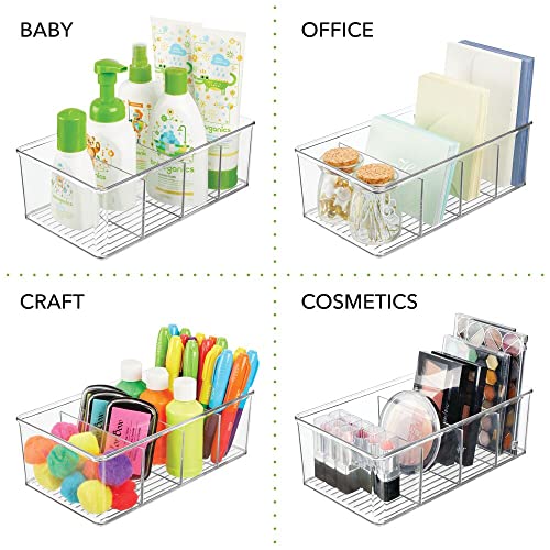 mDesign Plastic Office Storage Organizer Bin Box - 4 Divided Sections - Cabinets, Closets, Drawers, Desks, Tables, Workspace, 2 Pack - Clear