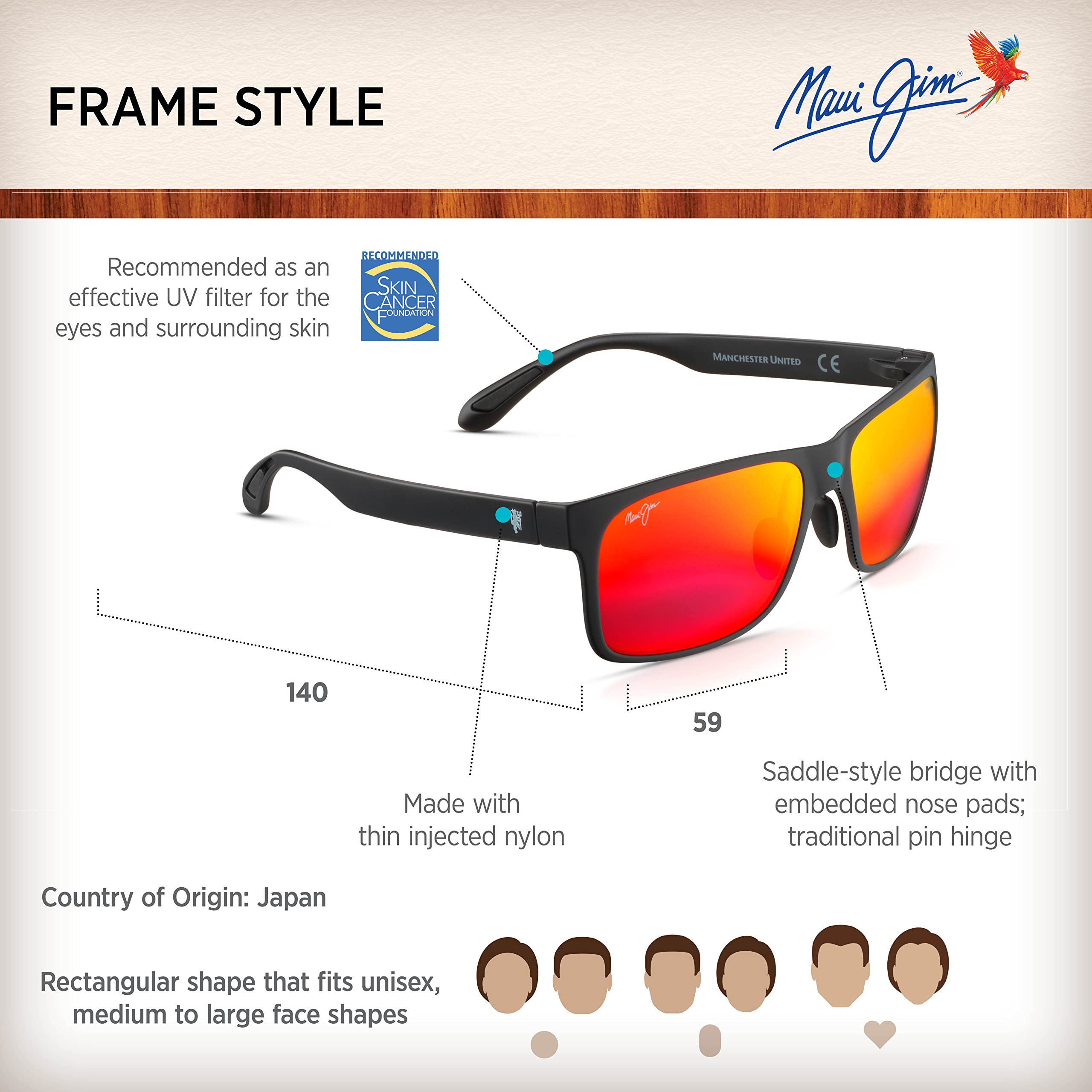 Maui Jim Men's and Women's Red Sands Polarized Universal Fit Rectangular Sunglasses, Black Matte w/Black Rubber UTD/Hawaii Lava ™, Large