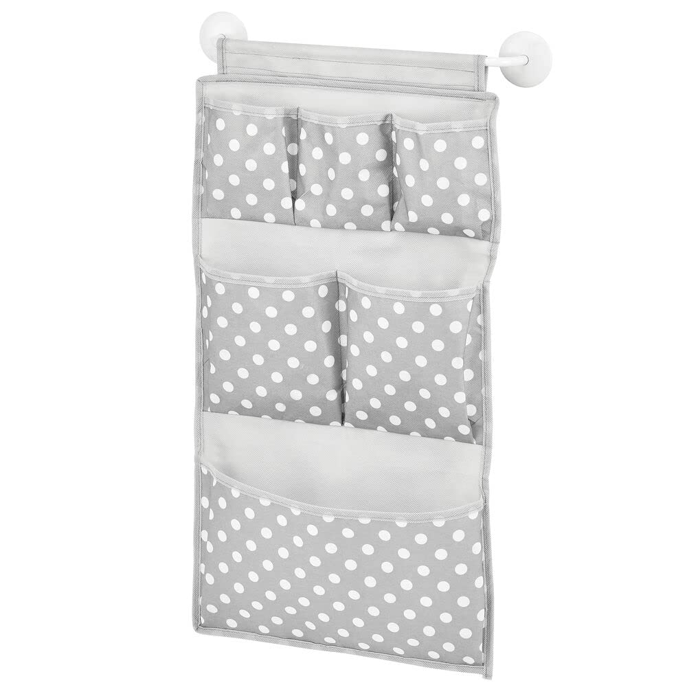 mDesign Soft Fabric Wall Mount/Over Door Hanging Storage Organizer - Self-Adhesive Tape - 6 Pockets for Child/Kids Room or Nursery - Polka Dot Print - Gray/White