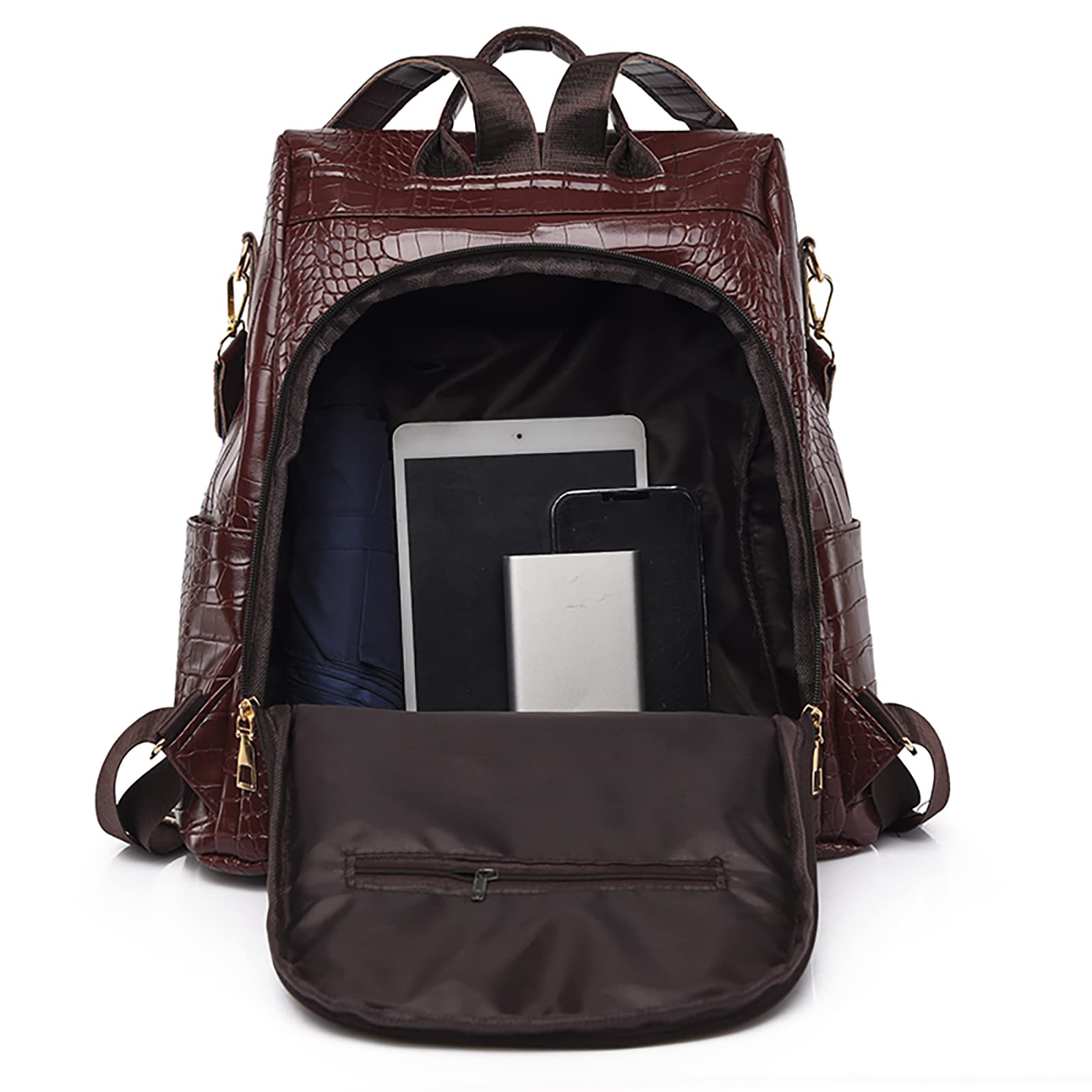 PIDOIM Crocodile Pattern Backpack Purse for Women PU Leather Multipurpose Design Travel Bag Fashion Handbags Shoulder Bag Gift-Reddish Brown