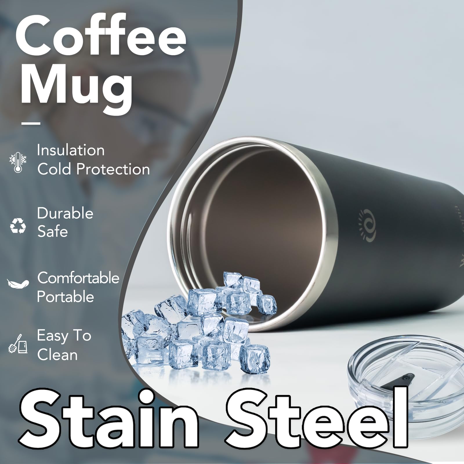 Wavetopia Insulated Coffee Mug with Lid, Reusable Stainless Steel Travel Coffee Cup, 16 Oz Double Wall Vacuum Spill Proof Tumbler Cups for Men and Women Hot & Cold Drinks(Black)