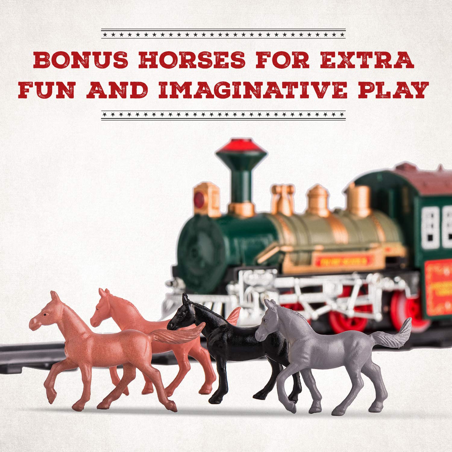 Kids Train Set - Electric Train Set for Boys 3-5 w/Lights & Sound, Train Toy Railway Kits Gift Toy w/Steam Locomotive Engine, 4 Horses & Tracks, for 4-7