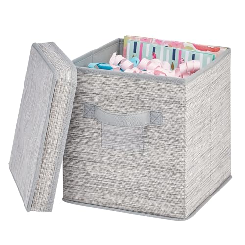 mDesign Square Fabric Christmas Storage Box with Handles - Holiday Decor Storage Bin with Lid and Label Space - Foldable Gift Wrap, Bow Container - Lidded Tote for Kids Room, 2 Pack, Striped Taupe/Tan