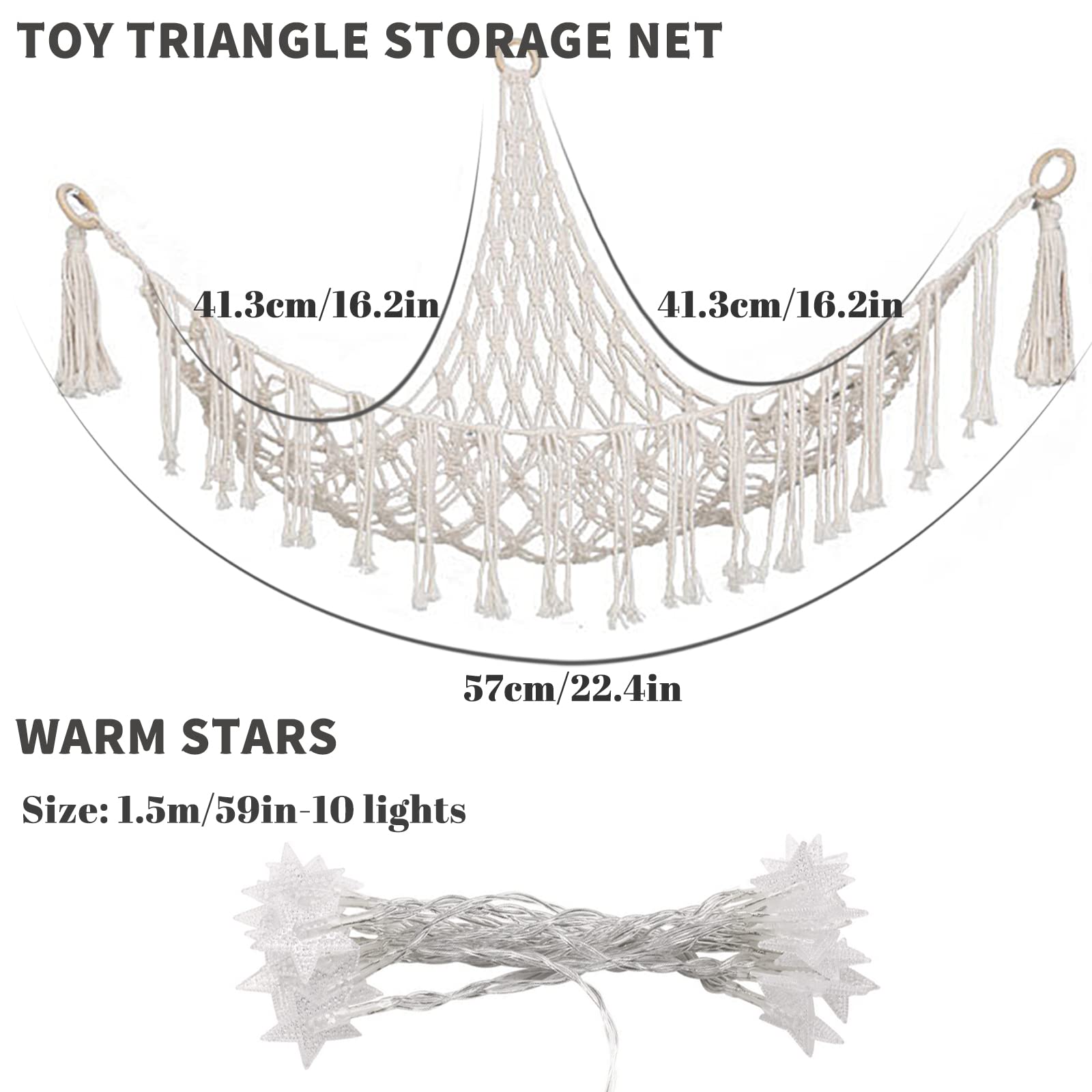 Stuffed Animal Net or Hammock With Led Light,Boho Decor Toy Hammock for Stuffed Animals with 6 Pcs Hooksand Macrame,Triangle Hanging ,Hanging Corner Toy Organizer Net for Playroom Bedroom Nursery Crib