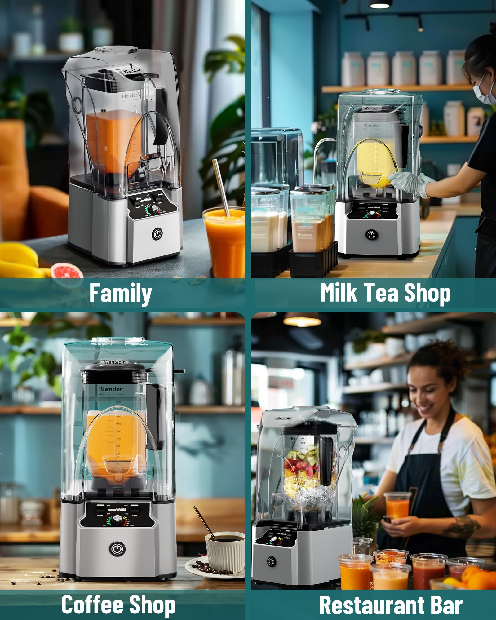 WantJoin Professional Commercial Blender With Shield Quiet Sound Enclosure 2200W Industries Strong and Quiet Professional-Grade Power, Self-Cleaning,Grey