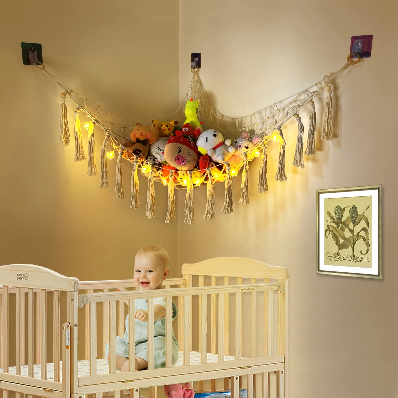 Stuffed Animal Hammock with Macrame Boho, Plush Toy Storage Net With Light, Pet Organizer Net For Corner, Hanging Net Holder for Kids Room, Bedroom Nursery Decor(Cream)