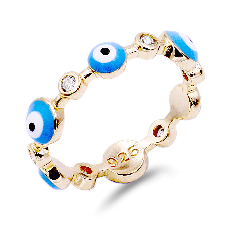 Lavencious Solid 925 Sterling Silver Evil Eye Ring With Rhodium Plated, Evil Eye with Enamel and AAA CZ Comfort Fit for Women (Gold, 8)