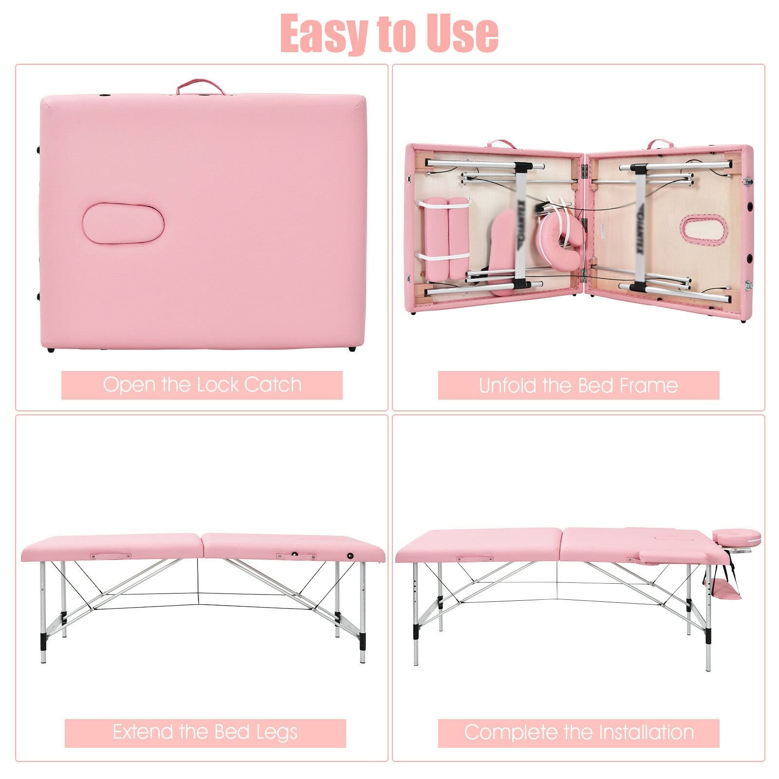 ZHYH 84" L Portable Massage Table Adjustable Salon Spa Bed W/Carry Case Pink Cradle