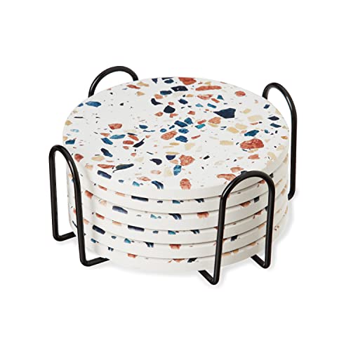 Twine Terrazzo Coasters, Stoneware Coaster Set, White Coasters with Stand, Coffee Table Decor, Set of 6, Multicolor