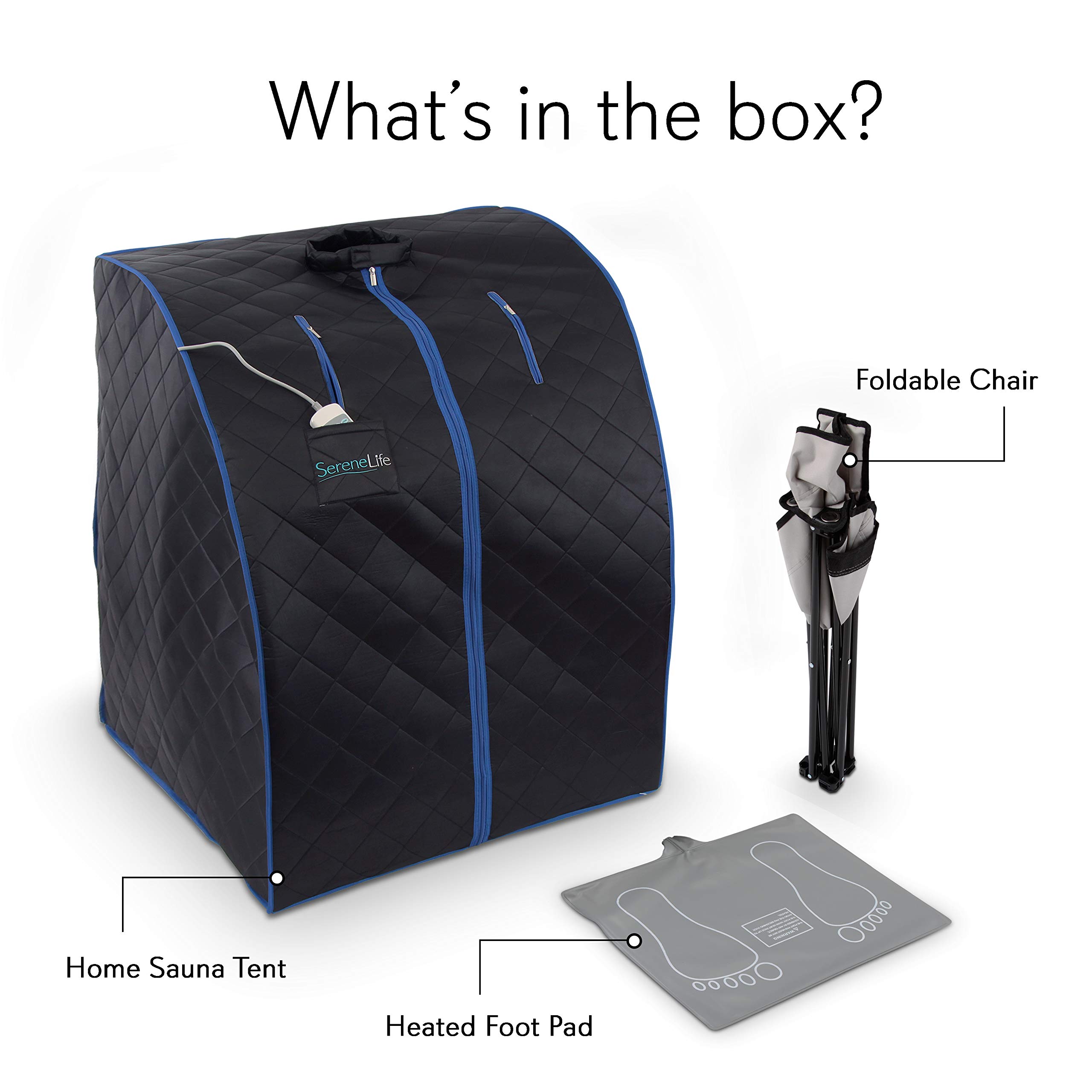 SereneLife Oversize Portable Infrared Home Spa | One Person Sauna | with Heating Foot Pad & Portable Chair, SLISAU20BK, Black