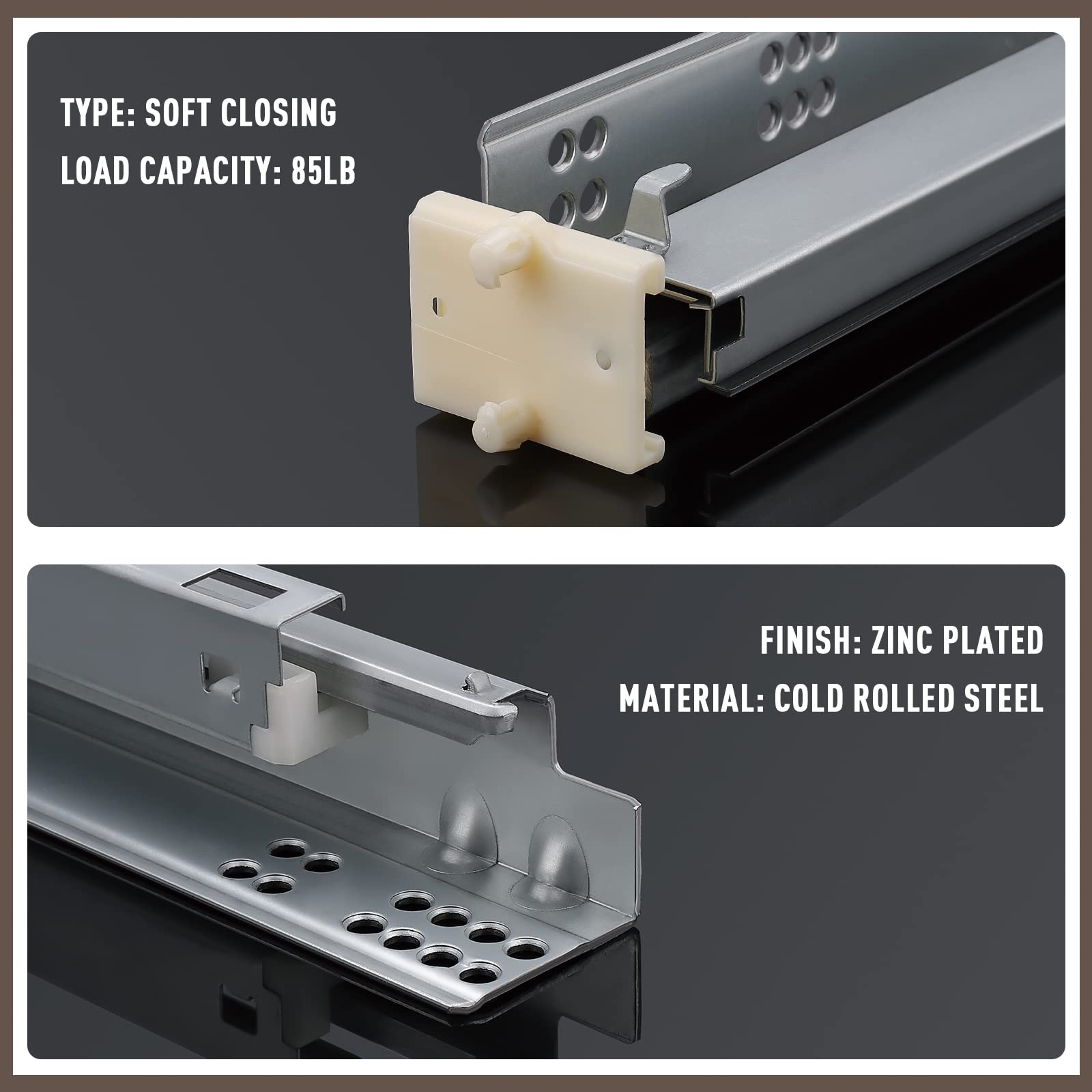 Knobonly 6 Pair 21" Soft Close Drawer Rails Full Extension, Undermount Zinc Plated Drawer Slides, Mounting Screws and Adjustable Locking Device Included, 85 lb Load Capacity