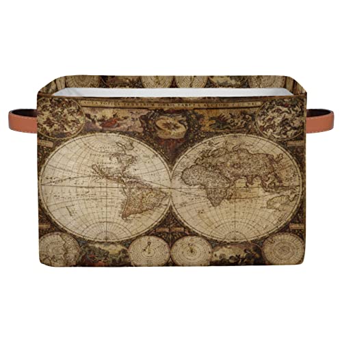 Vintage World Map Fabric Storage Cubes Collapsible Storage Bins, Nautical Map Storage Boxes for Organizing Storage Baskets with Handles for Shelves, Closet, Toy, Nursery (15x11x9.5 Inch)