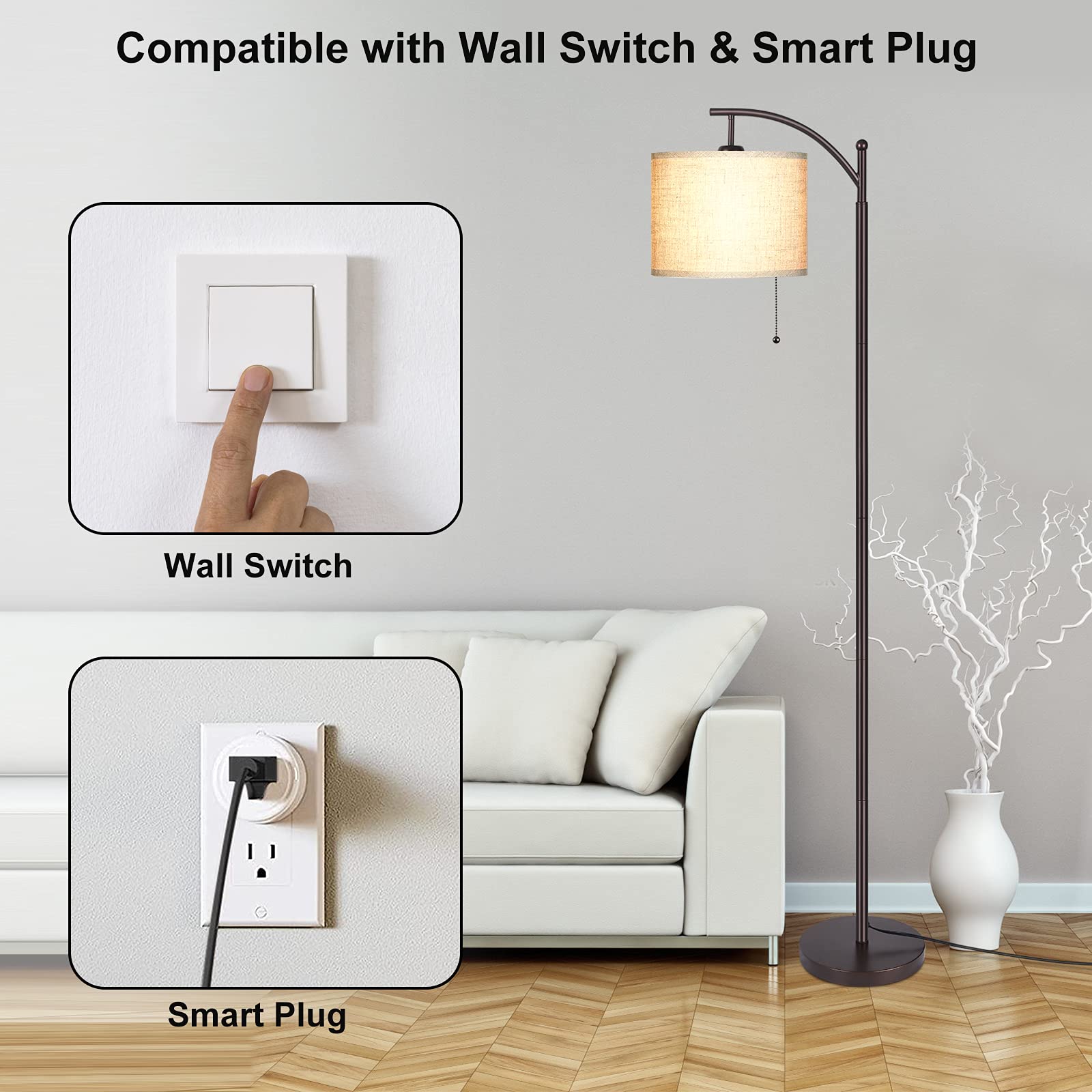 MOFFE Modern Arc Floor Lamp for Living Room, Bedroom, Office; Bright Lighting to Soft White Light - Includes 3-Mode Energy Saving LED Bulb 3000K - 6000K; Designer Shade and Pull Chain Switch, Brown