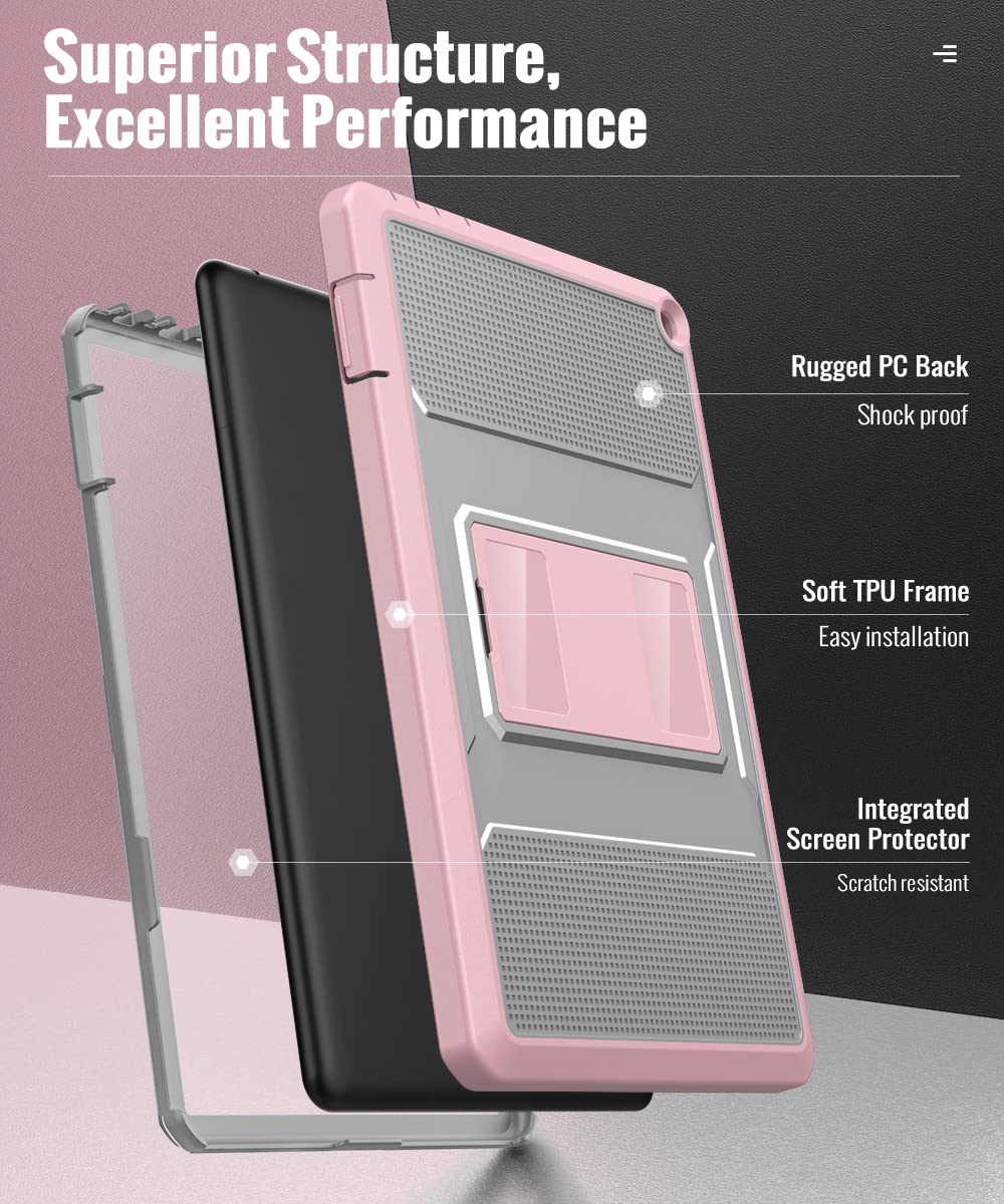 MoKo Case Fits All-New Kindle Fire HD 10 & 10 Plus Tablet (11th Generation, 2021 Release) 10.1", Full Body Rugged Hands-Free Viewing Stand Back Cover with Screen Protector, Gray&Pink