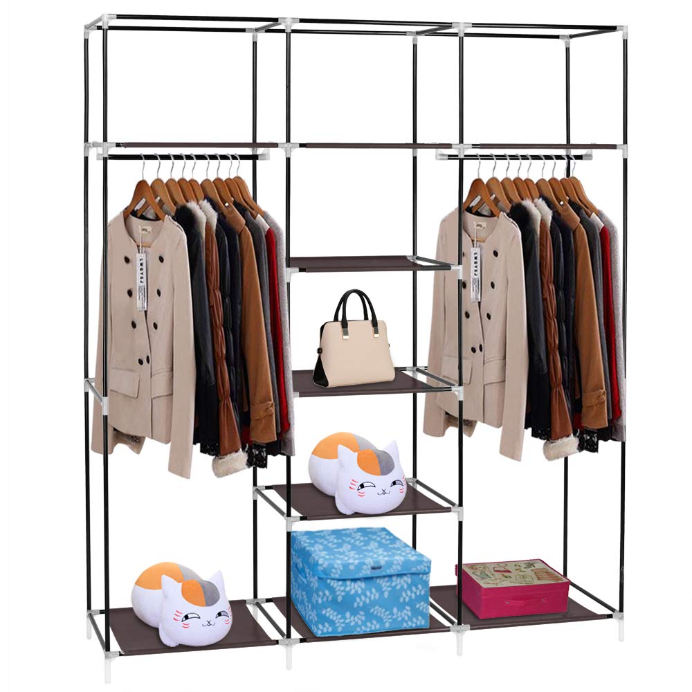 Knocbel 69" Tall Freestanding Closet Organzier Clothes Garment Rack with Storage Shelves & 2 Hanging Rods (Black)