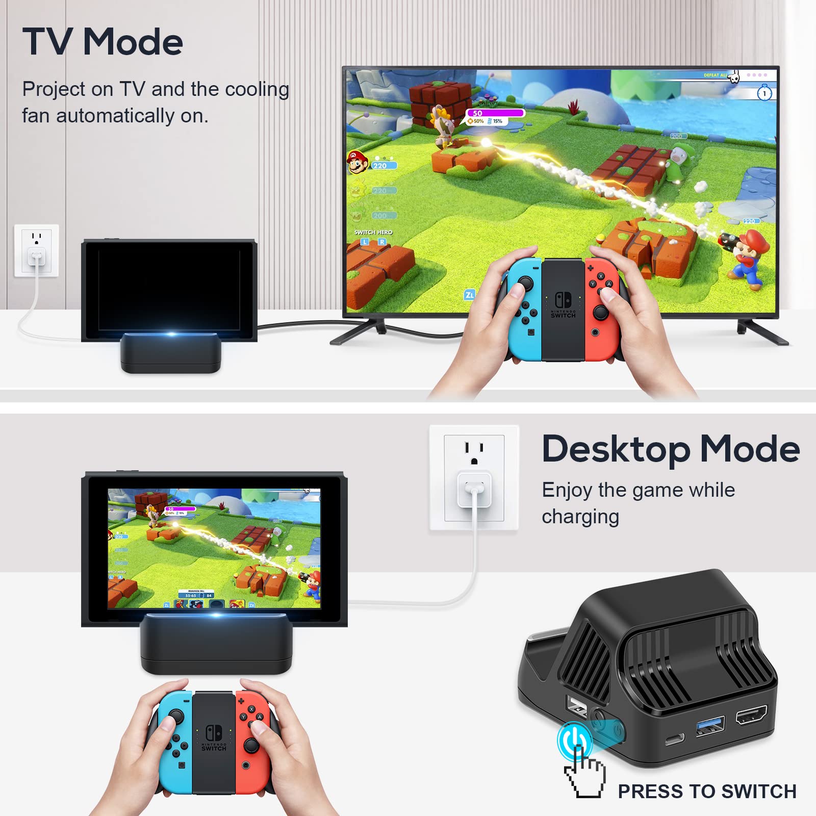 Switch Dock for Nintendo Switch & OLED Model, Portable Switch OLED Charger Stand Support 4K HDMI Output, Replacement for Official Nintendo Switch Base, with 3 USB Ports, HDMI Cables and Cooling Fan