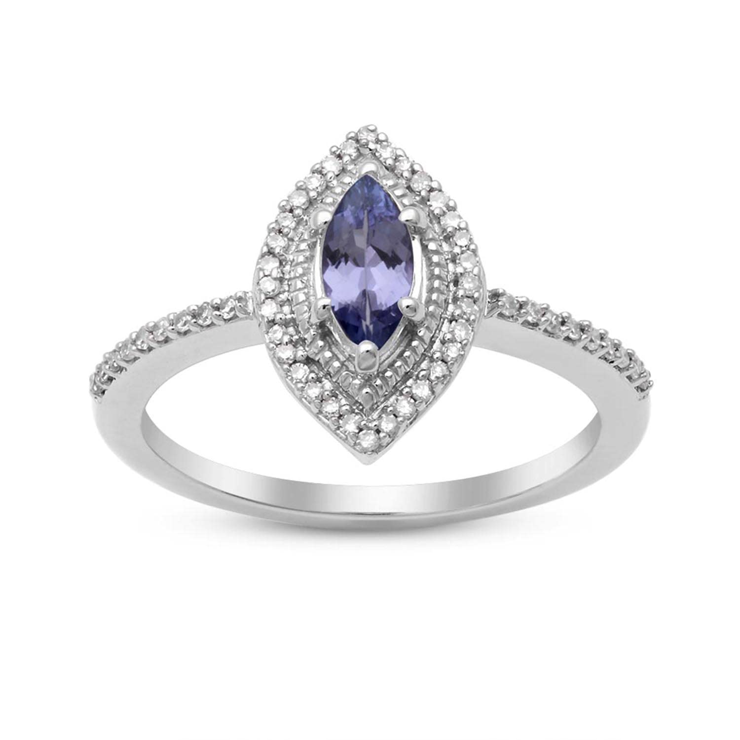Jewelili 10k White Gold Marquise Tanzanite with White Diamond Fashion Ring, Size 7